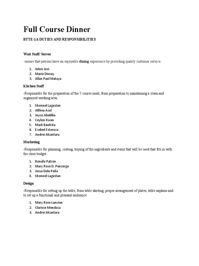 Full Course Dinner: - Ensure That Patrons Have An Enjoyable Dining ...