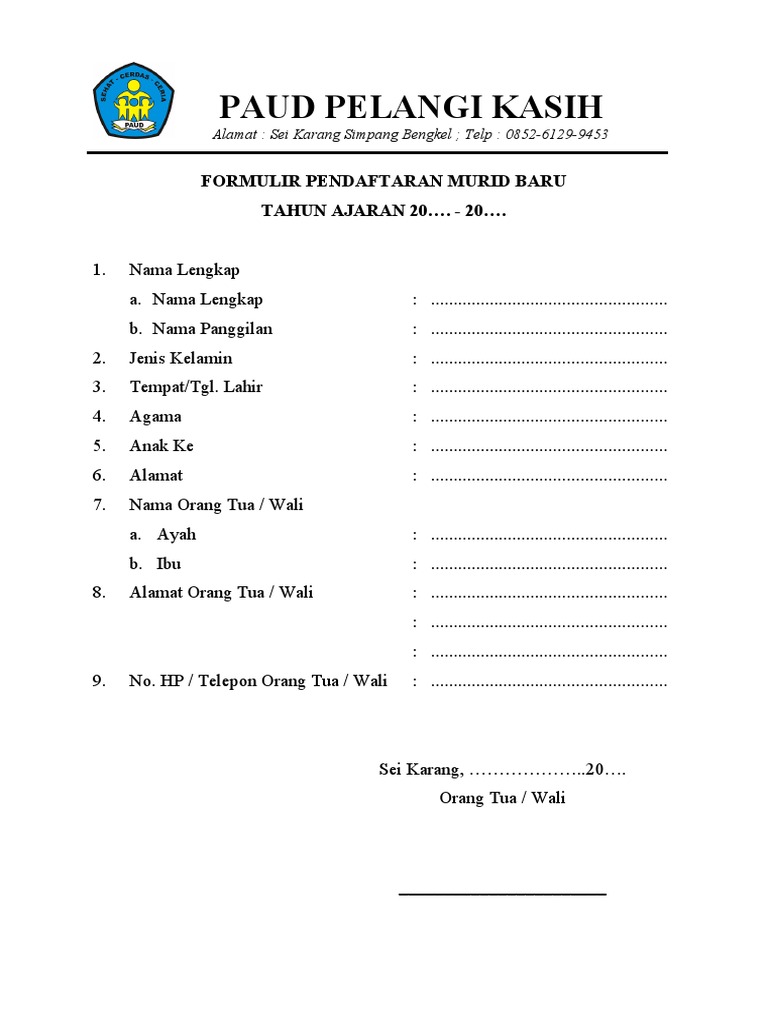 Formulir Pendaftaran Murid Baru | PDF