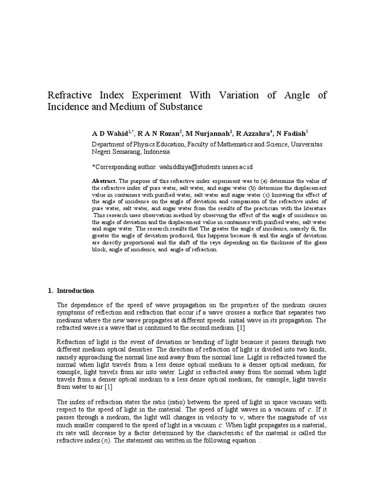 Refractive Index Experiment With Variation of Angle of Incidence and ...