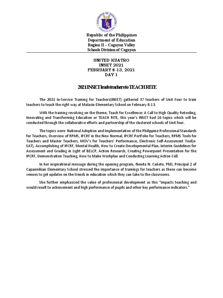 Inset 2021-Accomplishment Report | PDF | Teachers | Human Nature