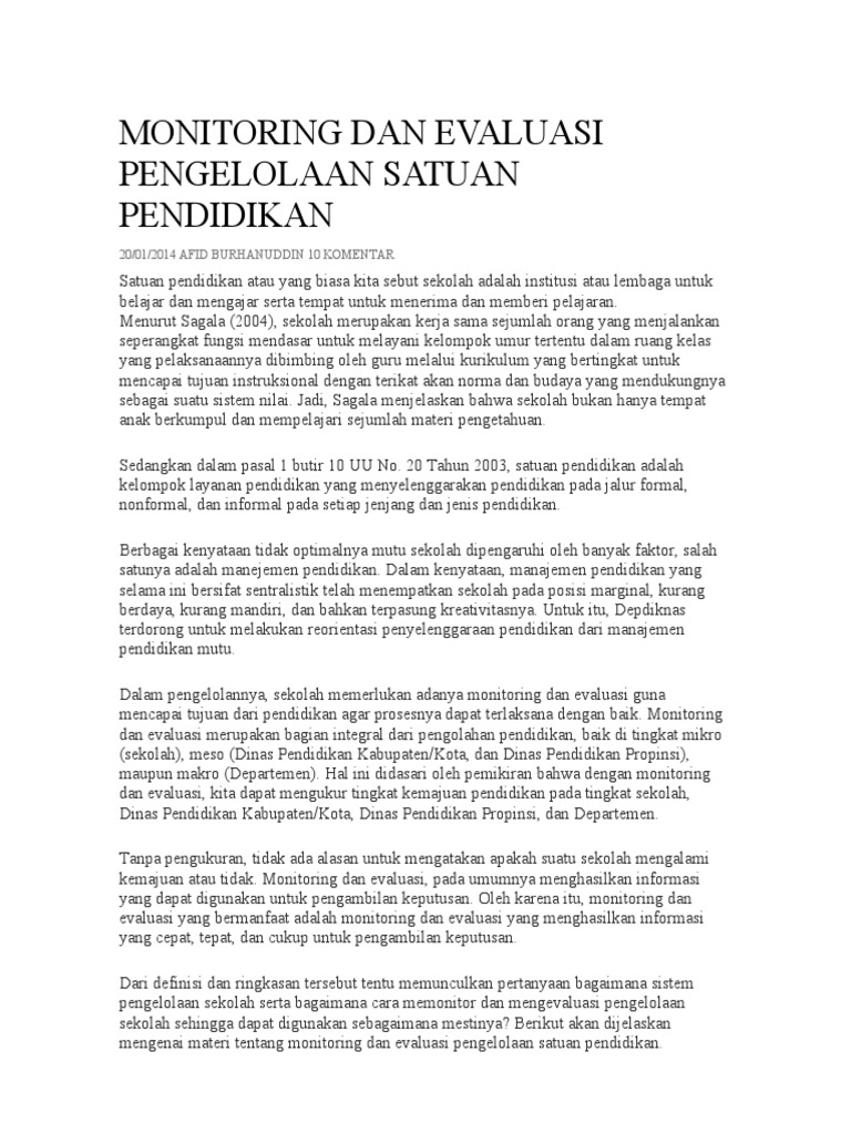 Contoh MONITORING DAN EVALUASI PENGELOLAAN SATUAN PENDIDIKAN | PDF