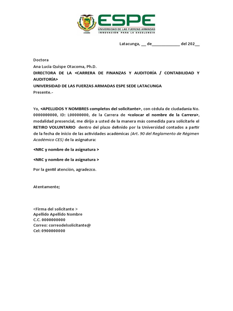 Solicitud de retiro voluntario de asignaturas en la Universidad de las Fuerzas Armadas ESPE | PDF