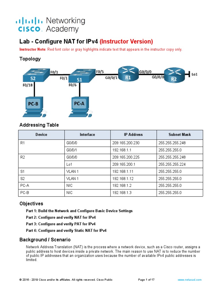 Configure NAT for IPv4 Lab Guide | PDF | Ip Address | Network Switch