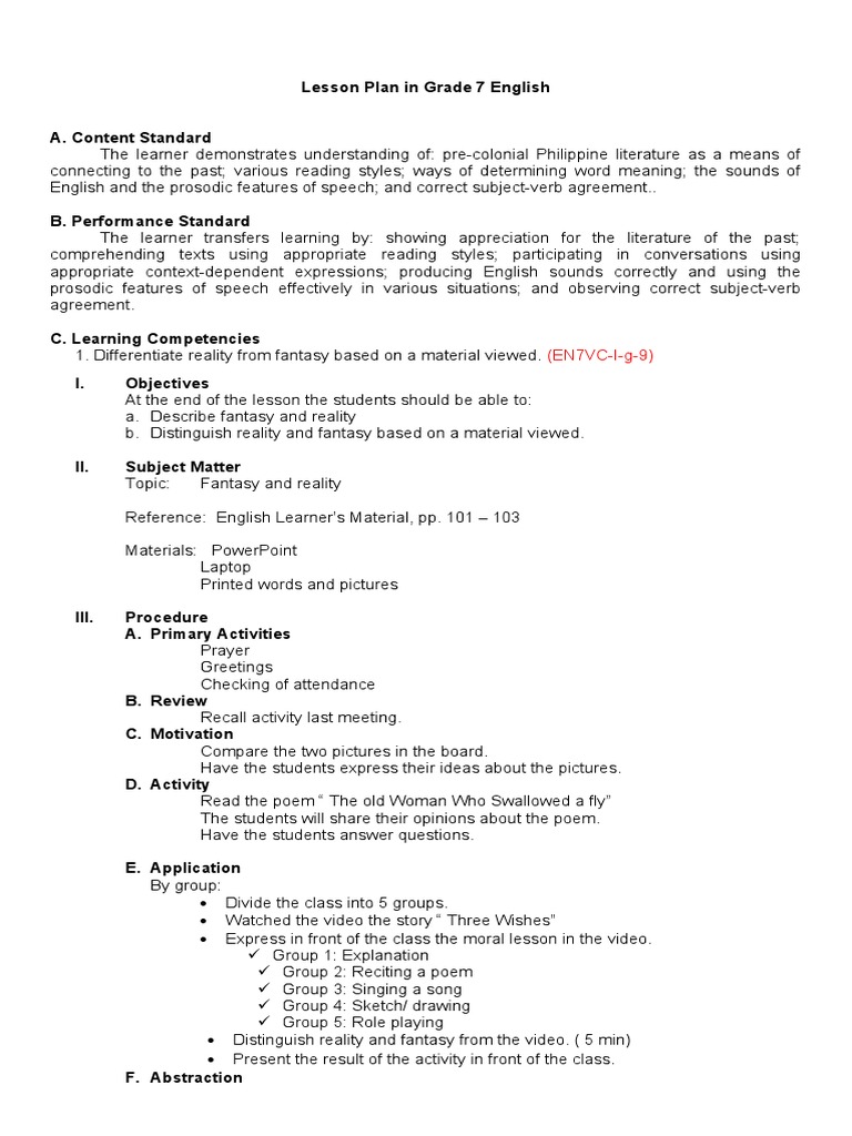 Lesson Plan in Grade 7 English: (EN7VC-I-g-9) | PDF | Reality | English ...