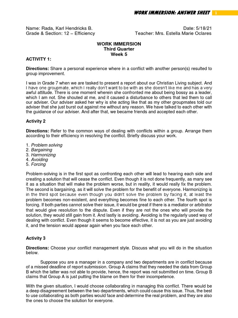 Q3W5 Work Immersion Answer Sheet | PDF