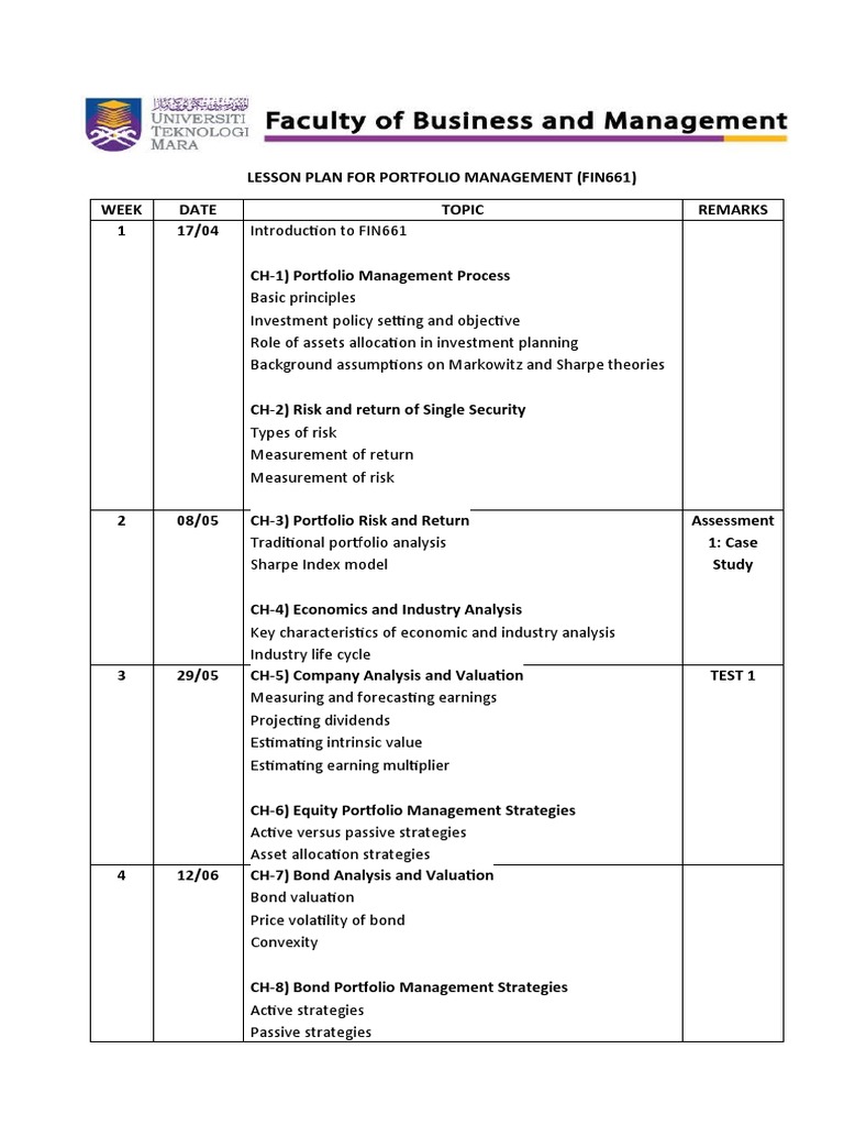 Fin661 - Lesson Plan - March2021 | PDF | Portfolio (Finance ...