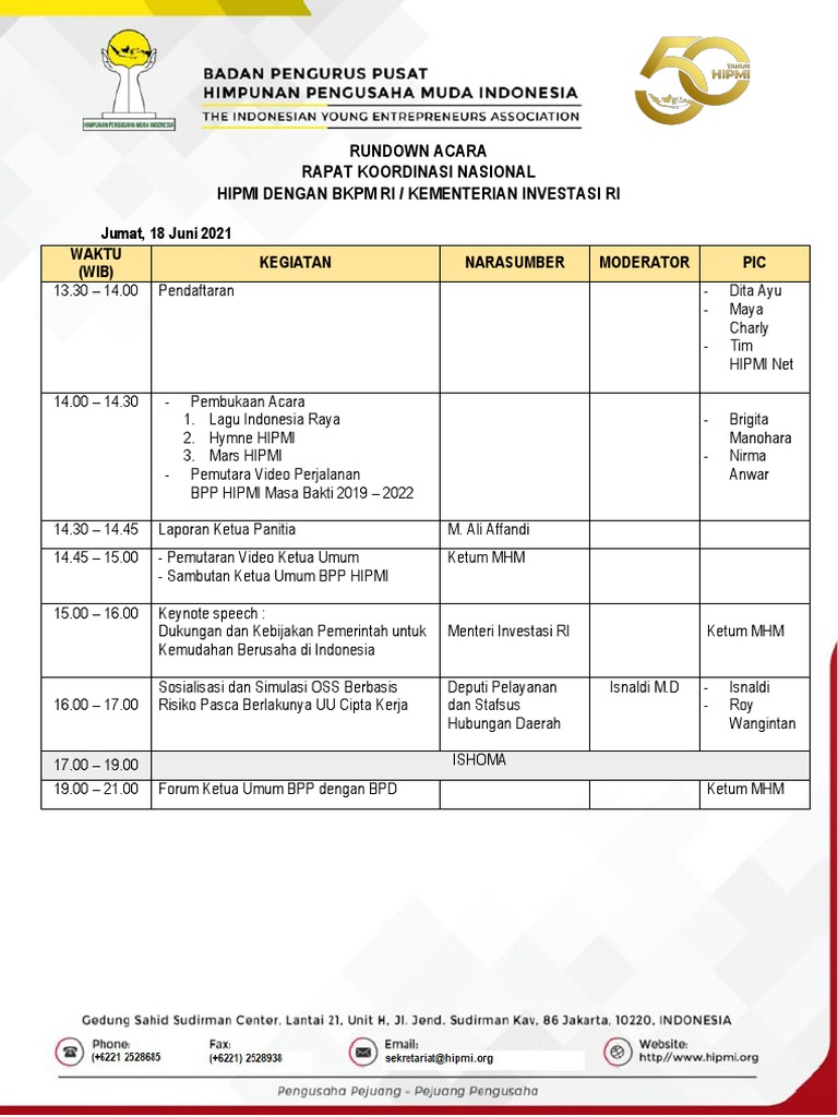 Rundown Koordinator Acara 18 Juni 2021 - Kempinski | PDF