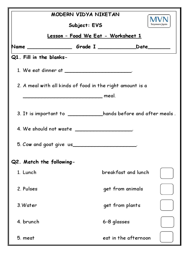 Class 1 EVS: Food We Eat Worksheet | PDF | Wellness