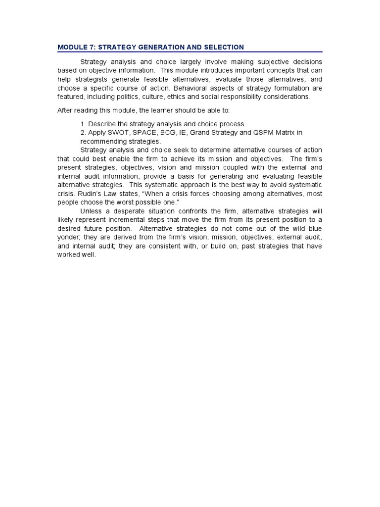 Strategy Generation and Selection | PDF