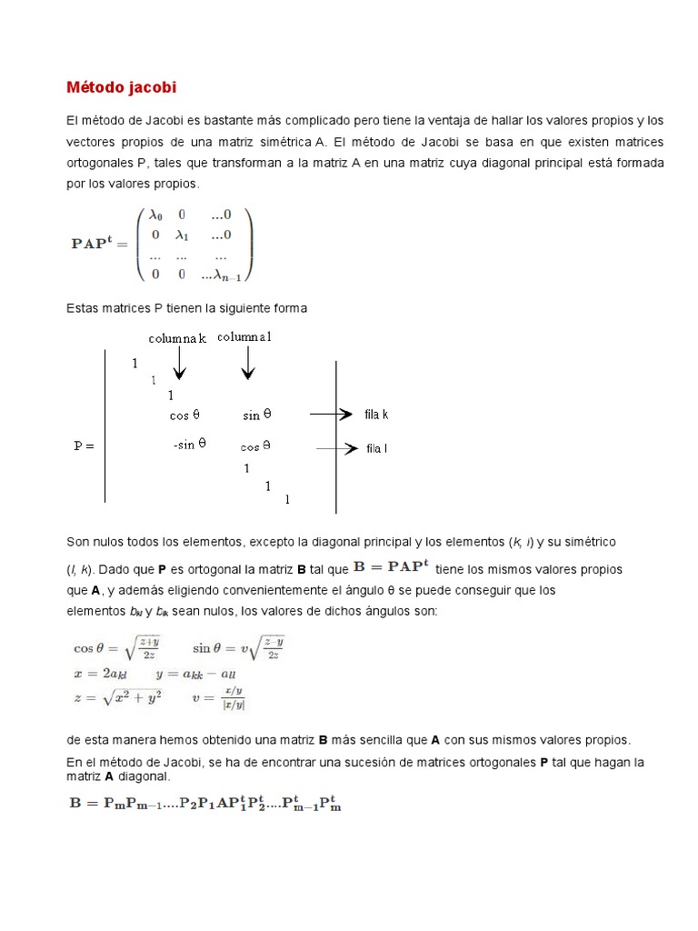 Método Jacobi para Matrices Simétricas | PDF | Matriz (Matemáticas) | Valores propios y vectores ...