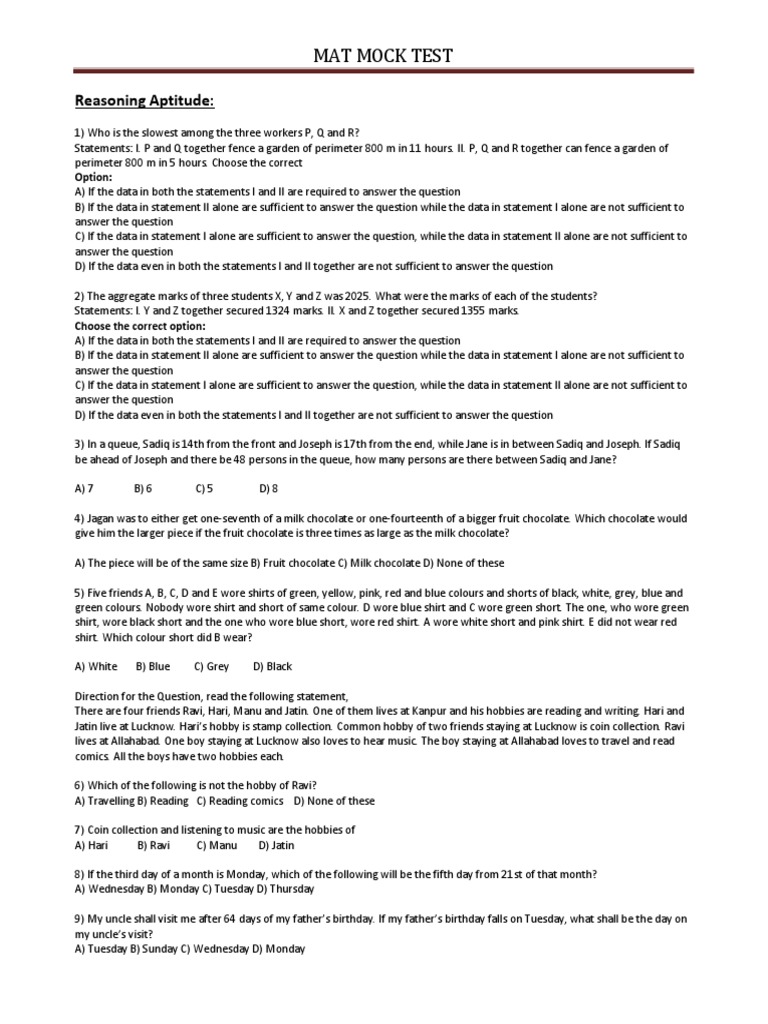 Mat Mock Test: Reasoning Aptitude | PDF | Speed