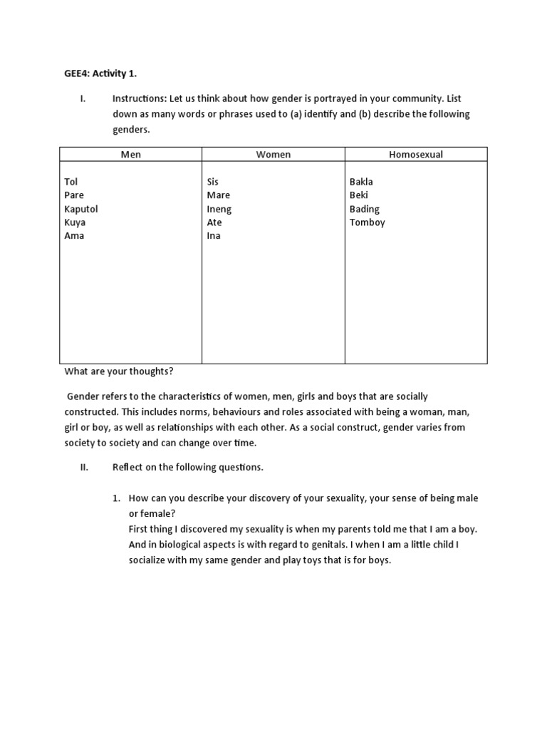 Gee 4 Activity 1 | PDF | Gender | Gender Studies