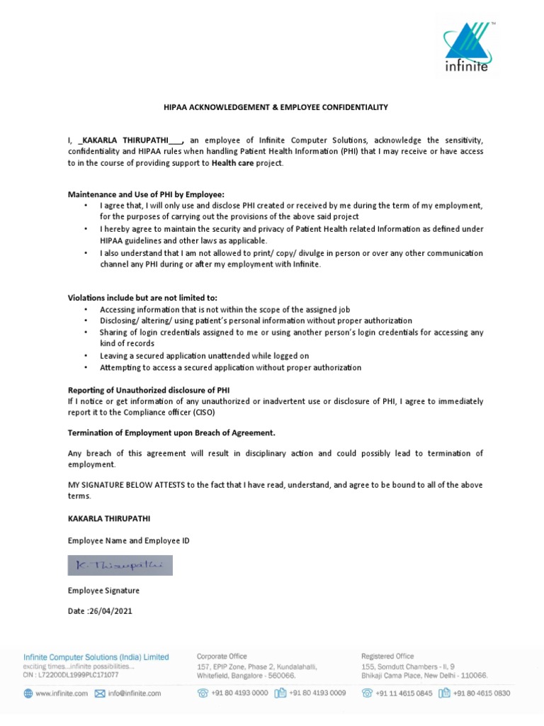 Hipaa Acknowledgement & Employee Confidentiality | PDF