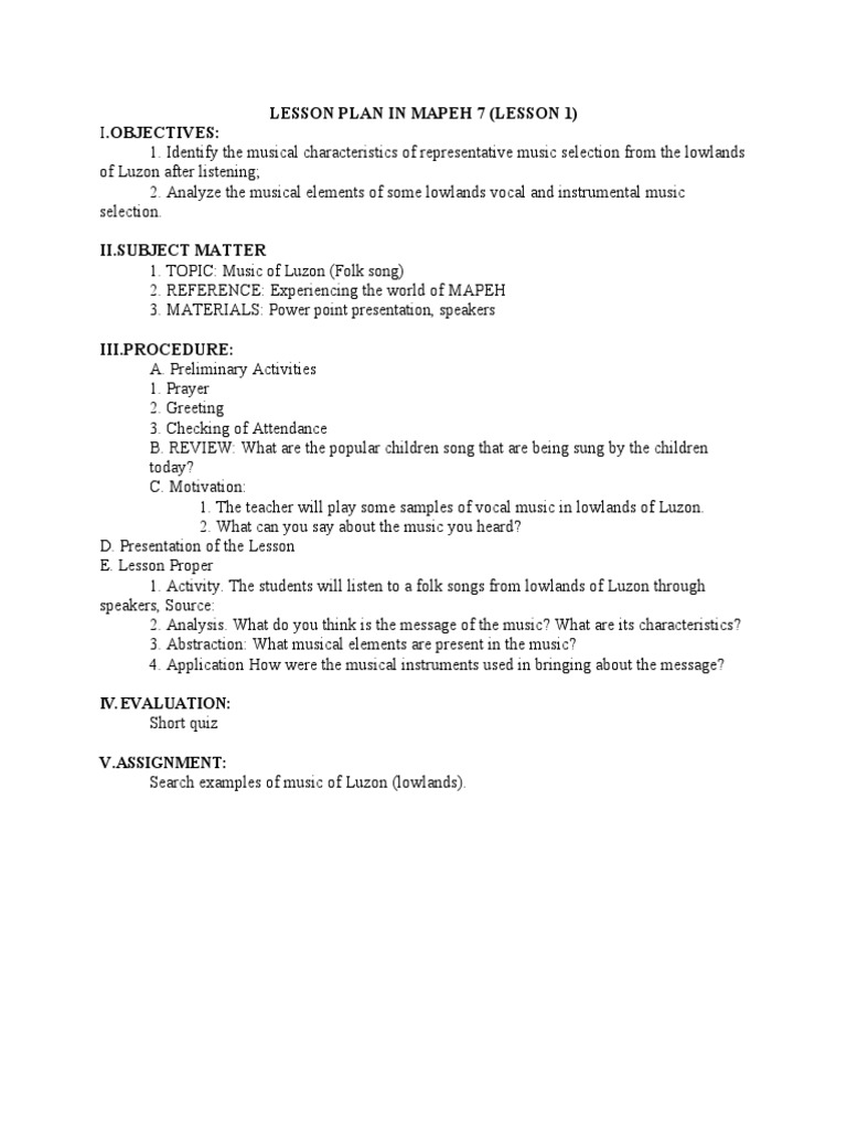 Lesson Plan in Mapeh 7 | PDF | Lesson Plan | Communication