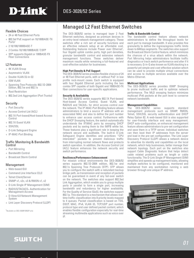 DATASHEET-DES-3028 3052 v03 (W) | PDF | Network Switch | Computer Network