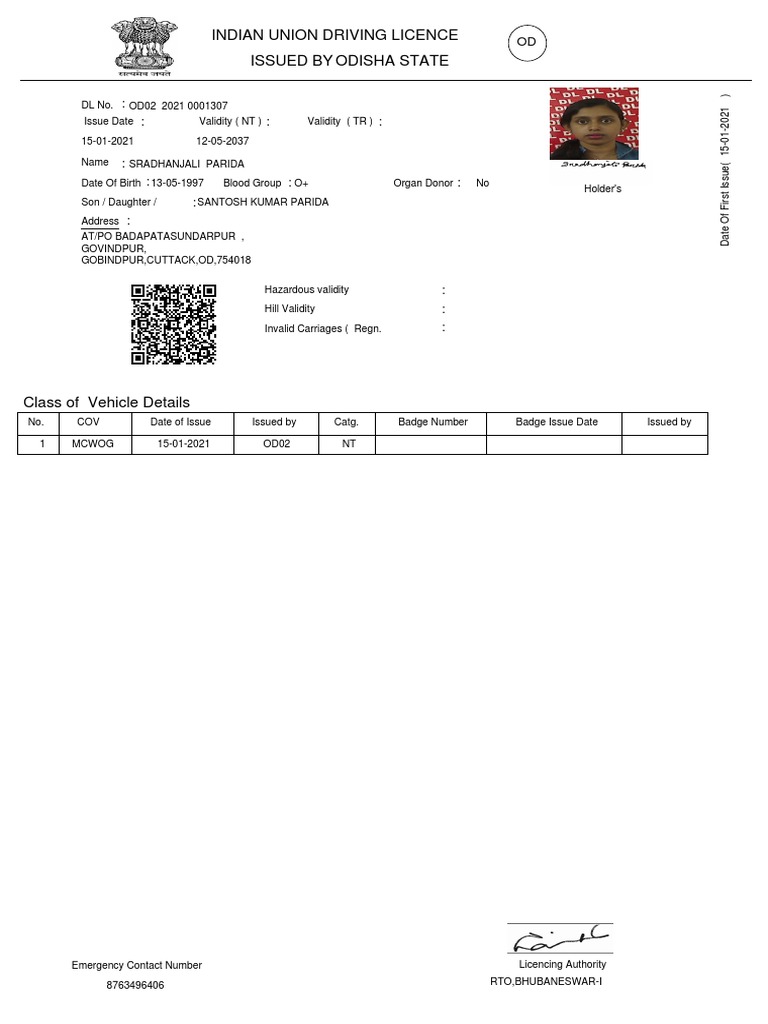 Indian Union Driving Licence Issued by Odisha State | PDF