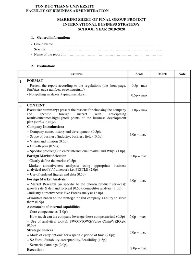 Final Group Project Report Marking Criteria | PDF | Swot Analysis | Economies