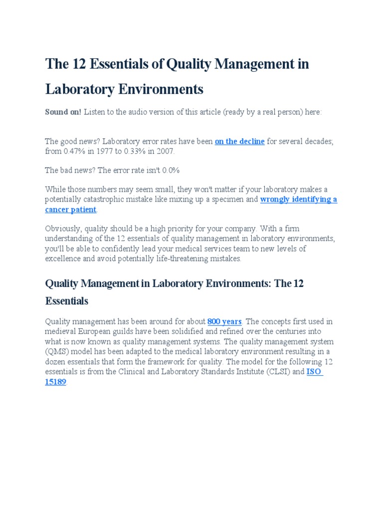 The 12 Essentials of Quality Management in Laboratory Environments ...