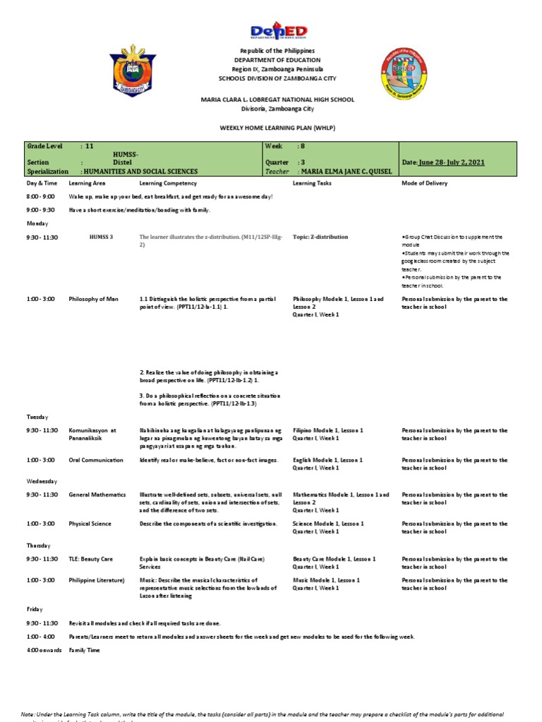 Weekly Home Learning Plan For SHS 2 Week 6 7 8 Final | Download Free ...