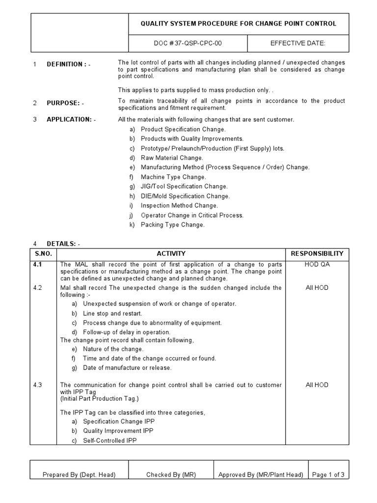 Quality System Procedure For Change Point Control | PDF | Self Control ...