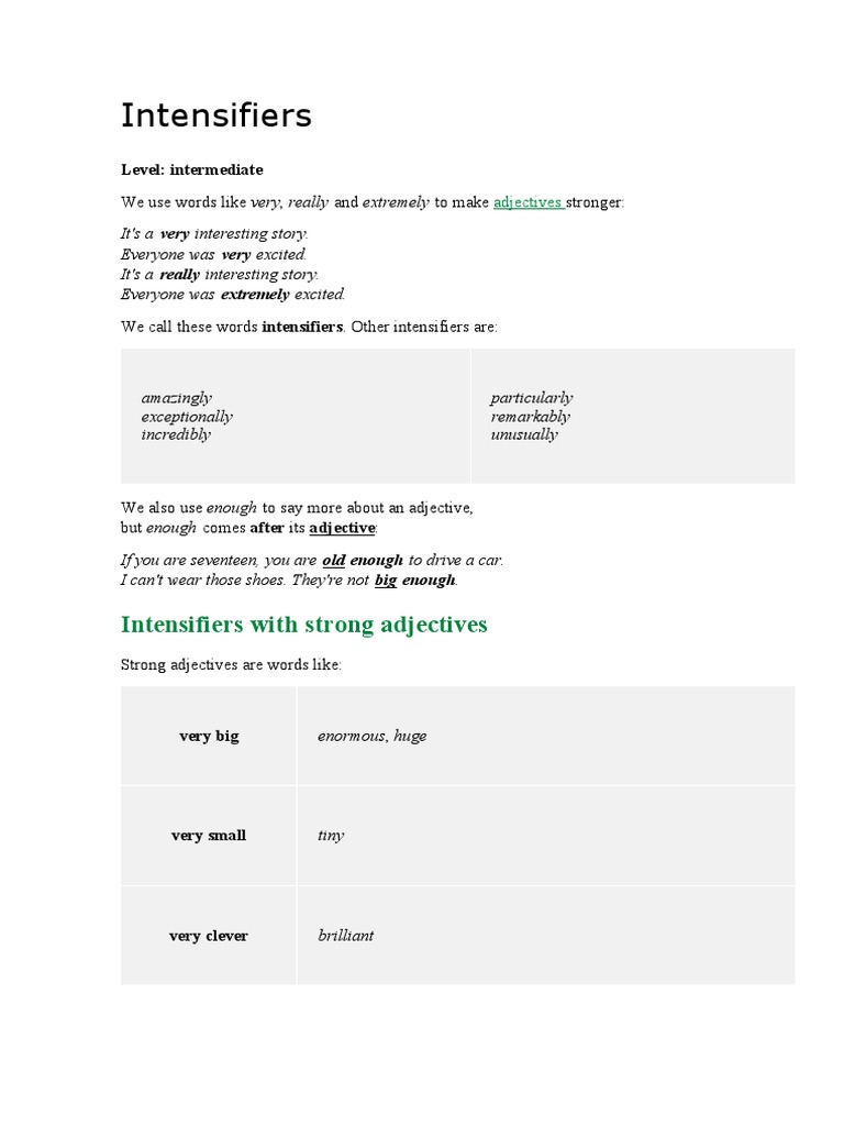 Intensifiers: Intensifiers With Strong Adjectives | PDF