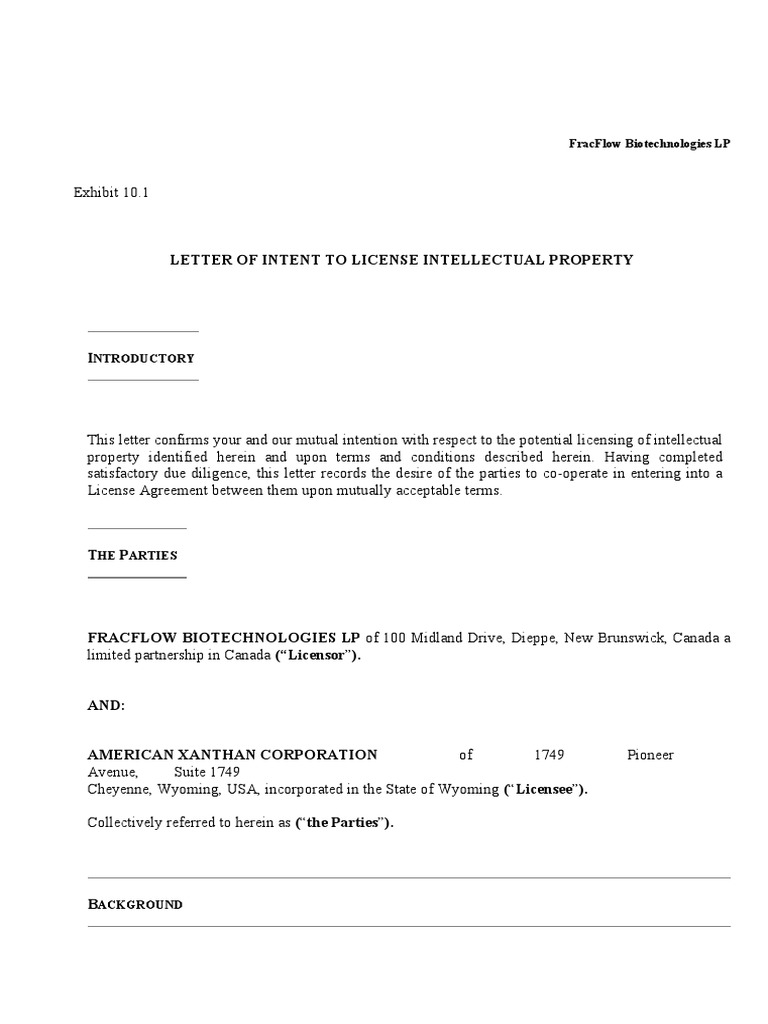 Letter of Intent To License Intellectual Property: Fracflow Biotechnologies LP | PDF | License ...