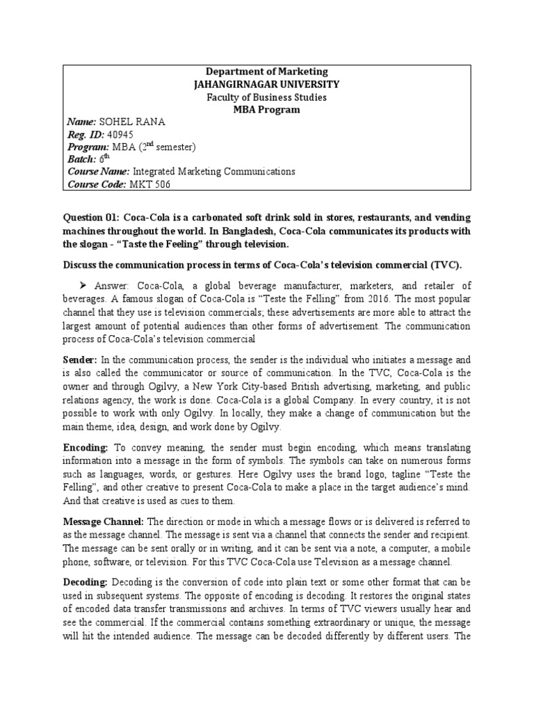 Name: Sohel Rana Reg. ID: 40945 Program: MBA (2 Batch: 6 Course Name ...