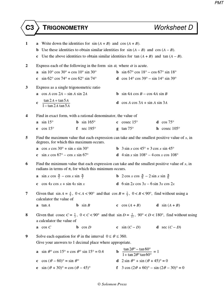 Trigonometry Worksheet: Identities & Values | PDF | Sine ...