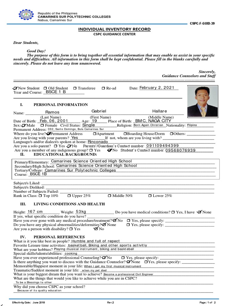 CSPC Student Inventory Form | PDF | School Counselor | Psychology