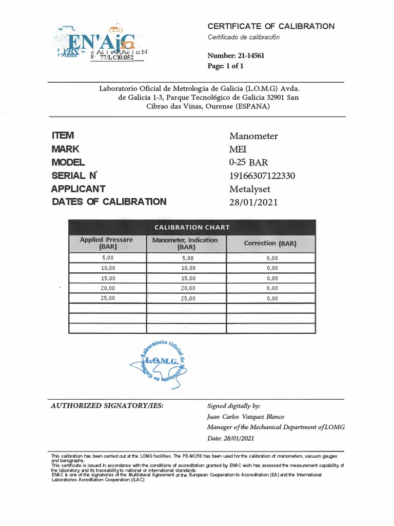 Manometer MEI 0-25 BAR 19166307122330 | PDF | Calibration | Pressure ...