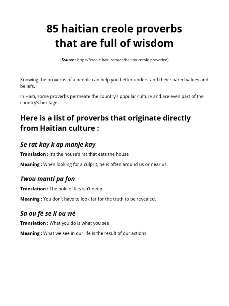 85 Haitian Creole Proverbs That Are Full of Wisdom | PDF