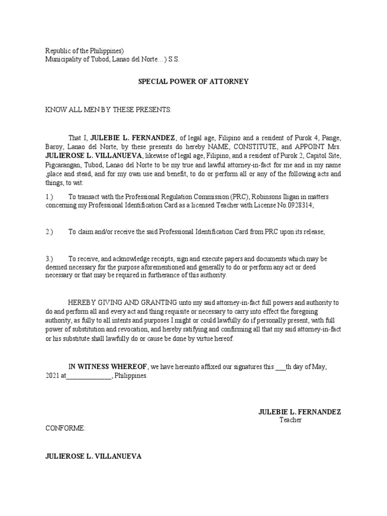 Spa For PRC Id Authorization | PDF | Power Of Attorney | Identity Document