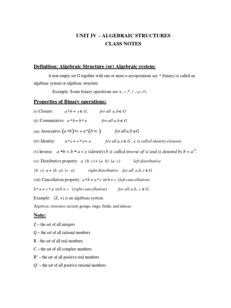 Unit 4 Algebraic Structures Notes | PDF | Group (Mathematics) | Ring ...