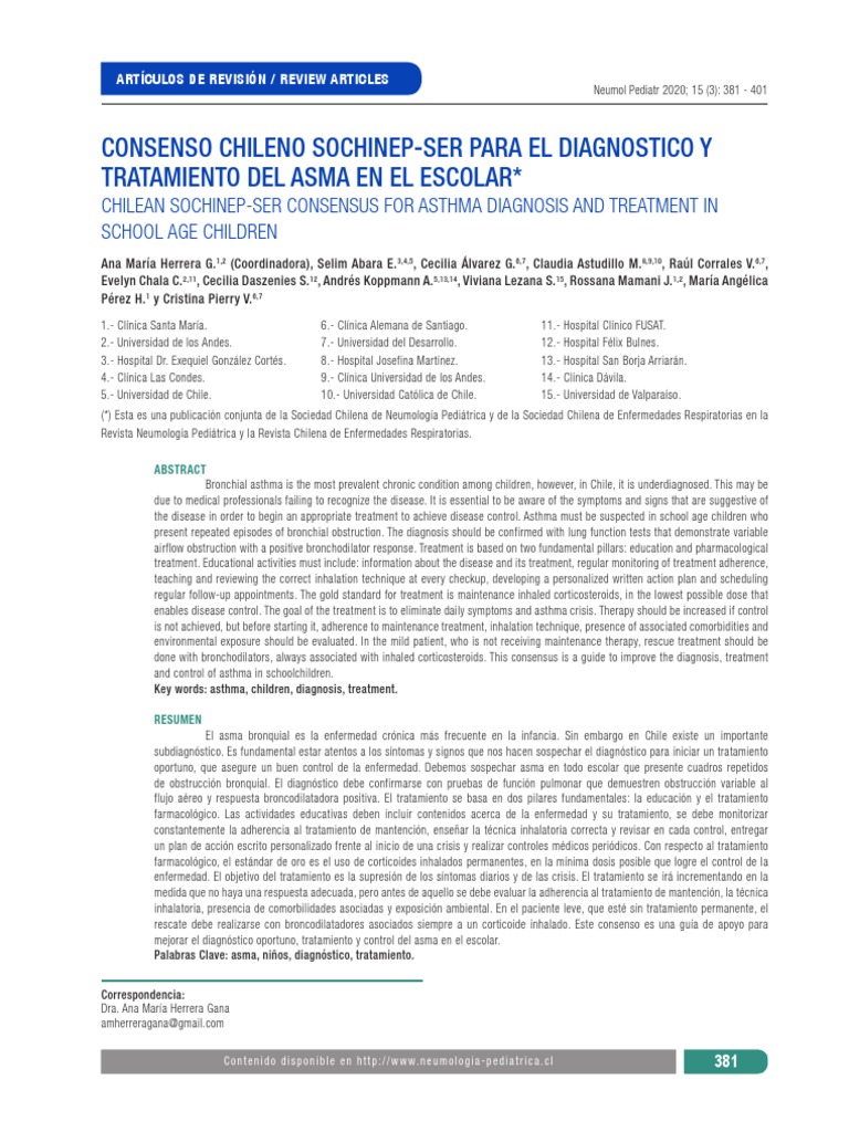 Consenso Chileno Sochinep-Ser para El Diagnostico y Tratamiento Del Asma en El Escolar ...