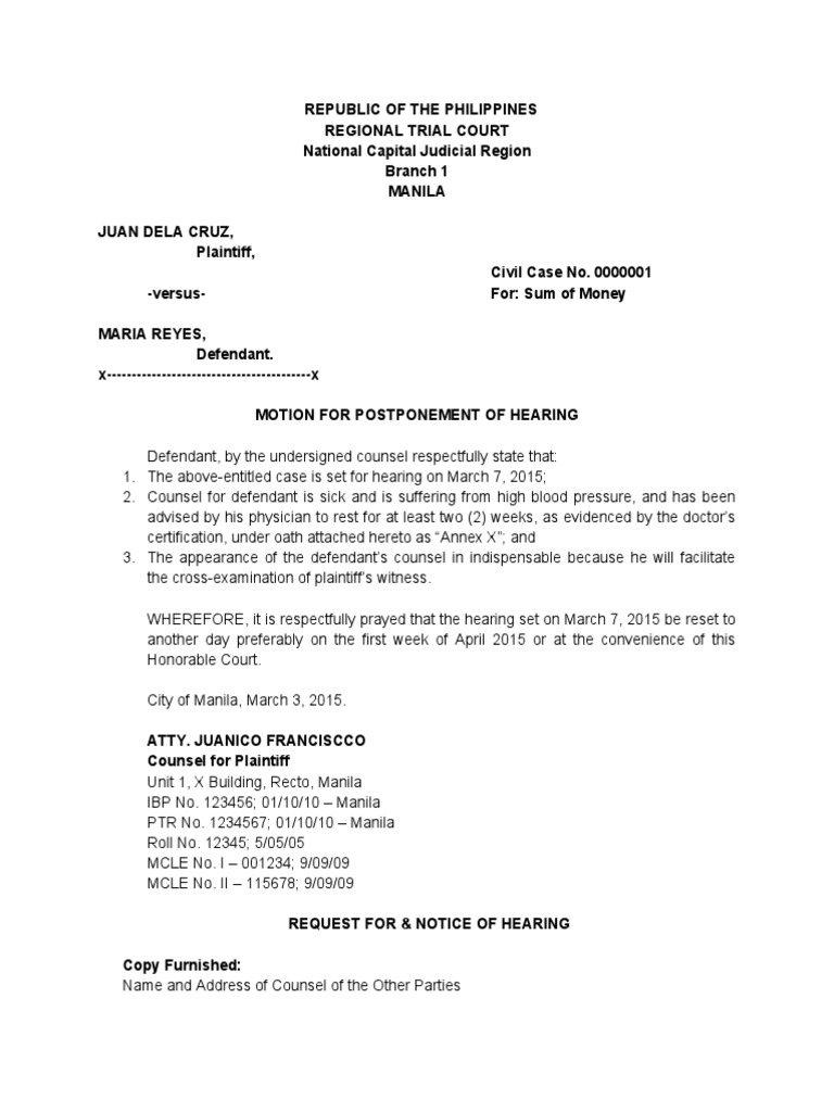 Form No. 30 MOTION FOR POSTPONEMENT OF HEARING | PDF