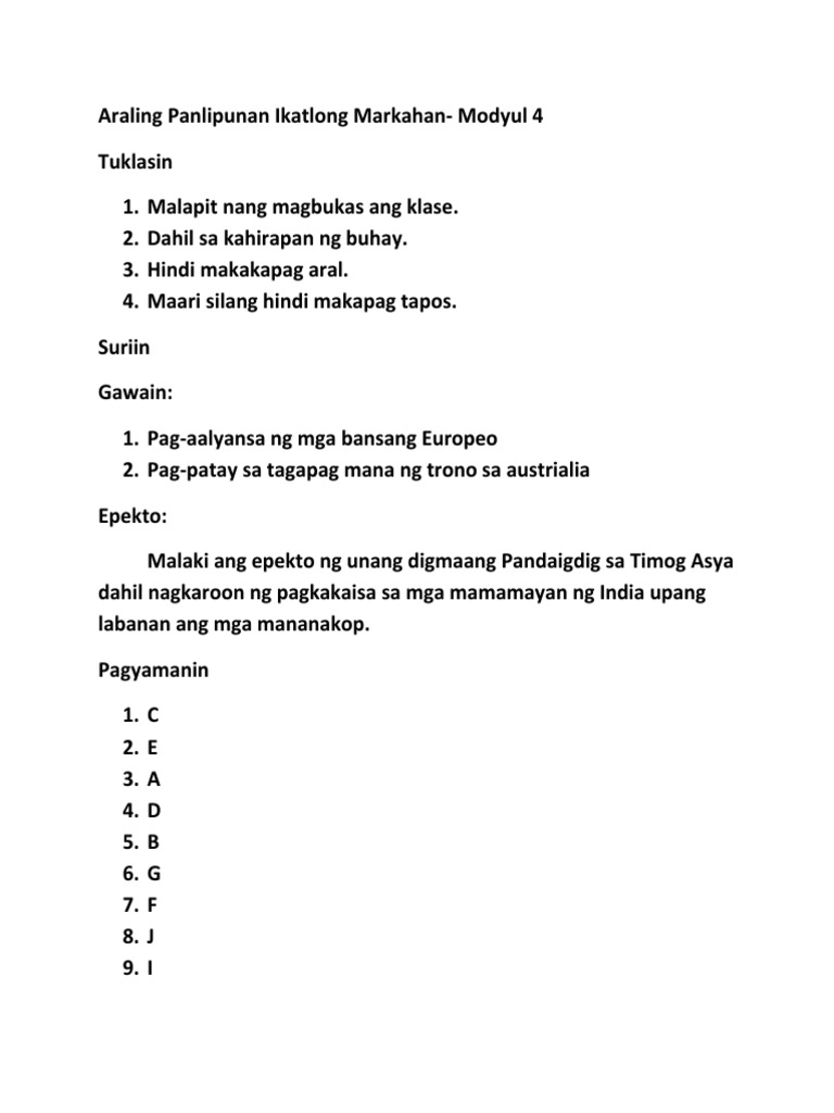 Araling Panlipunan Ikatlong Markahan Modyul 4 | PDF