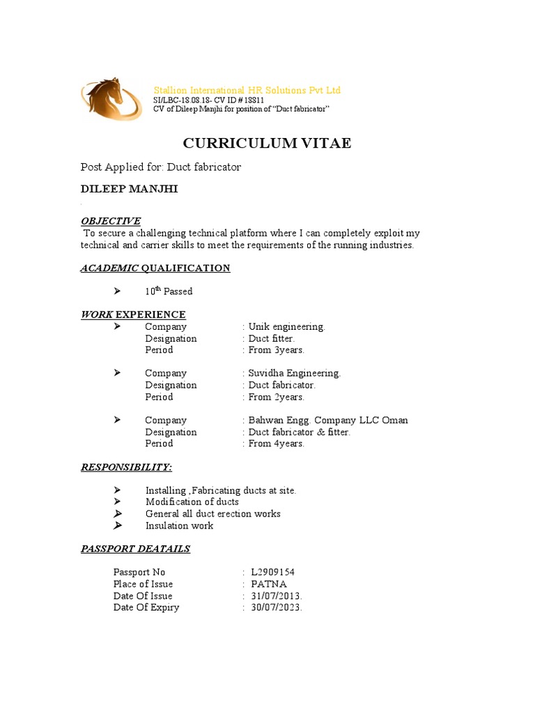 Dileep Manjhi - Duct Fabricator CV | PDF