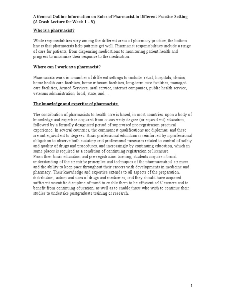 Roles of Pharmacist in Different Practice Setting | PDF | Pharmacy ...