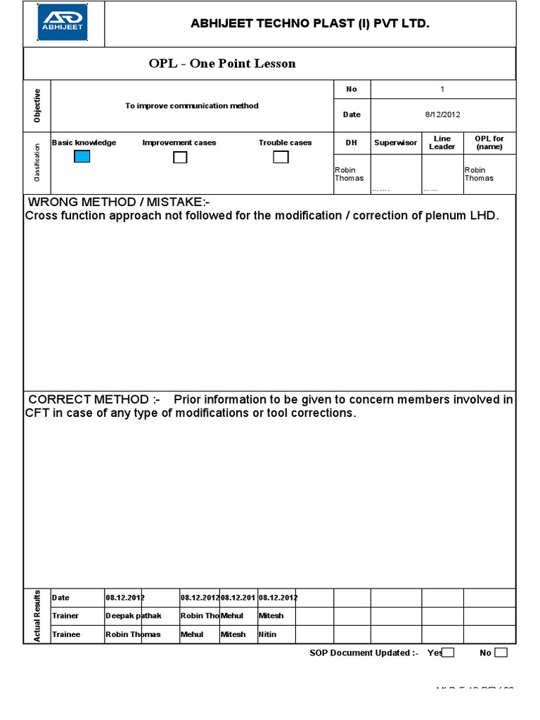 OPL - One Point Lesson: Abhijeet Techno Plast (I) PVT LTD | PDF