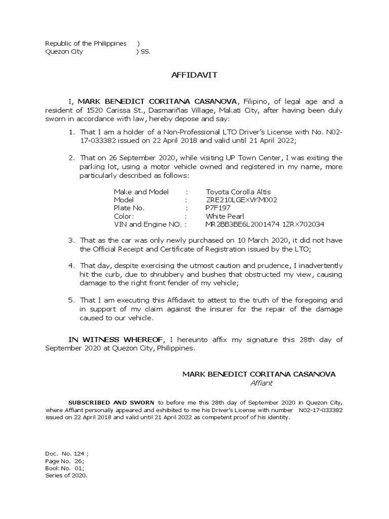 Affidavit: Republic of The Philippines) Quezon City) SS | PDF | Finance ...