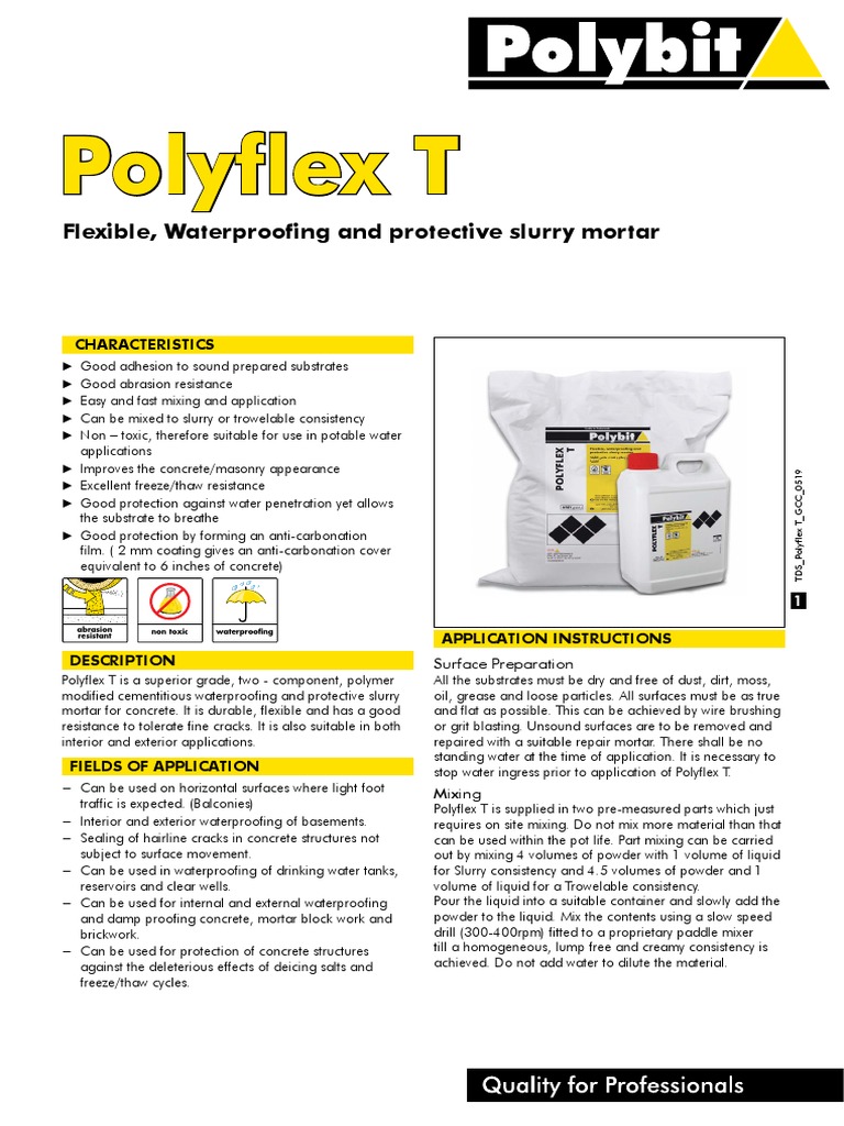 Polyflex T: Flexible, Waterproofing and Protective Slurry Mortar | PDF | Concrete | Mortar (Masonry)