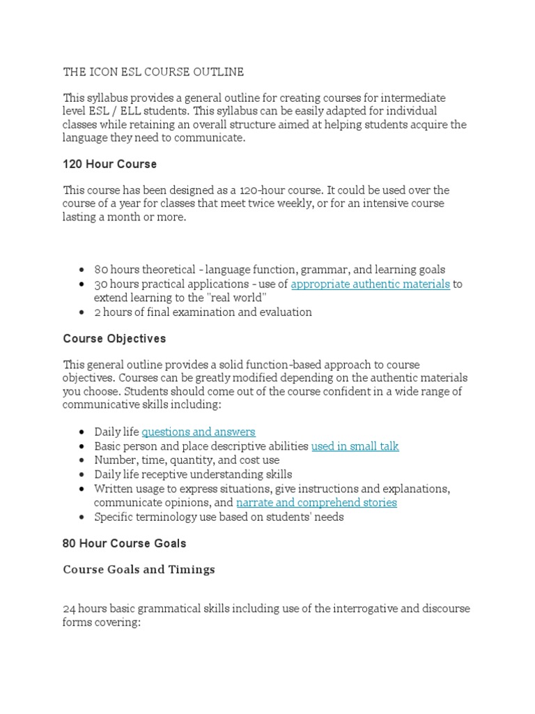 The Icon Esl Course Outline | PDF | Reading Comprehension | English ...