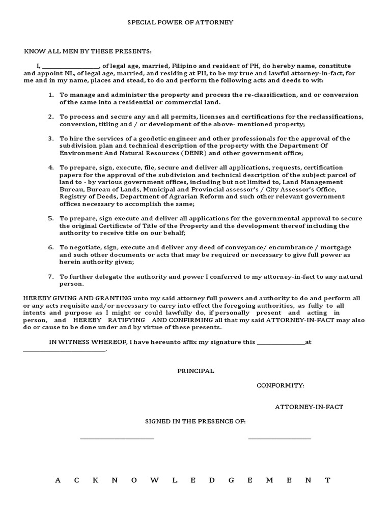 SPECIAL POWER of ATTY - SAMPLE PH | PDF | Power Of Attorney | Civil Law ...