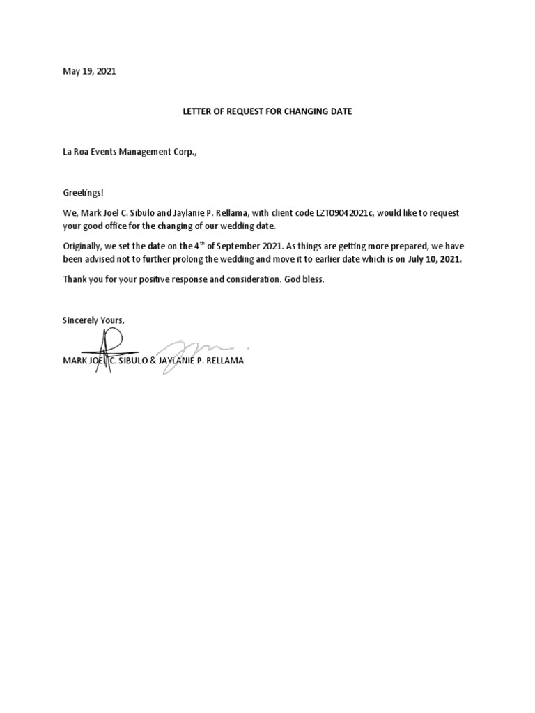 Letter of Request For Changing Date | PDF | Finance & Money Management