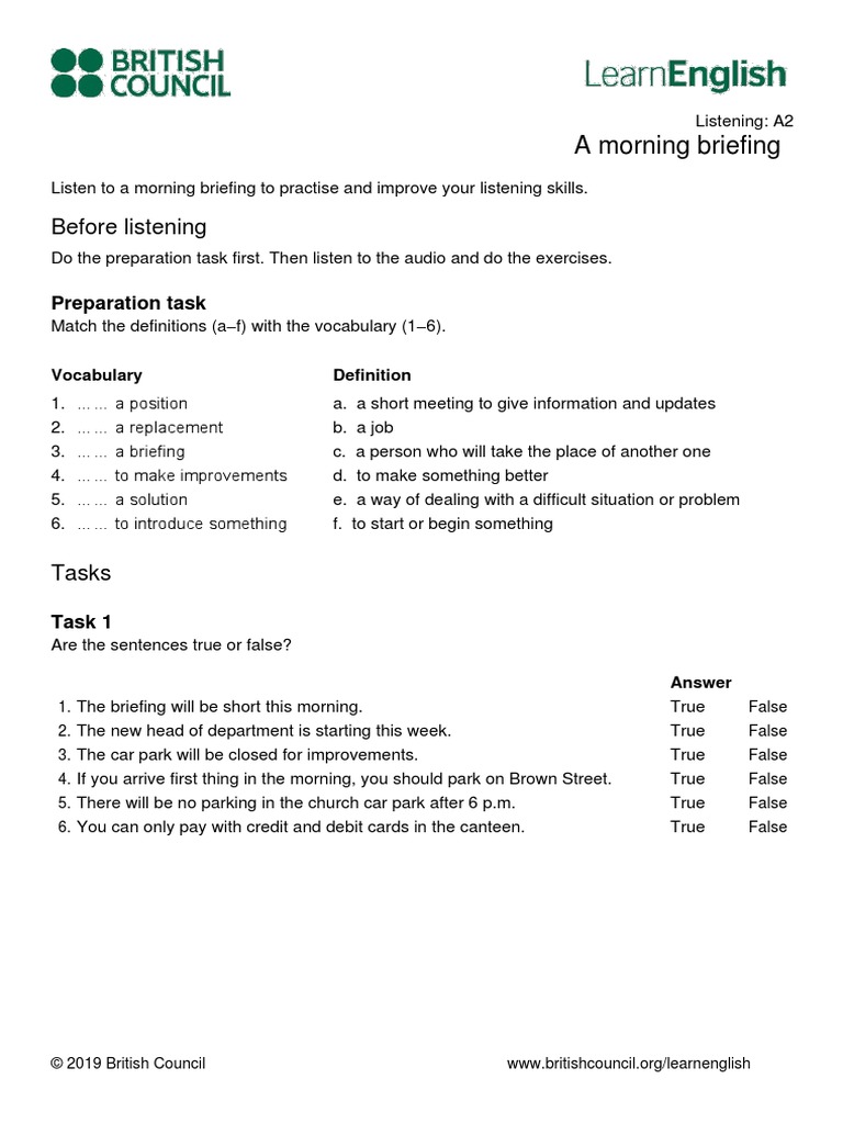 LearnEnglish Listening A2 A Morning Briefing | PDF | Vocabulary | Cognition