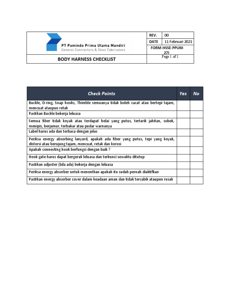 FORM-HSSE-PPUM-027I Checklist Body Harness Form | PDF