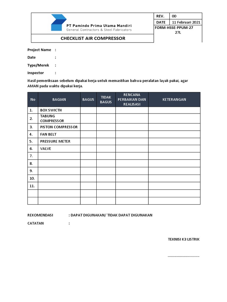 Checklist Inspeksi Air Compressor | PDF