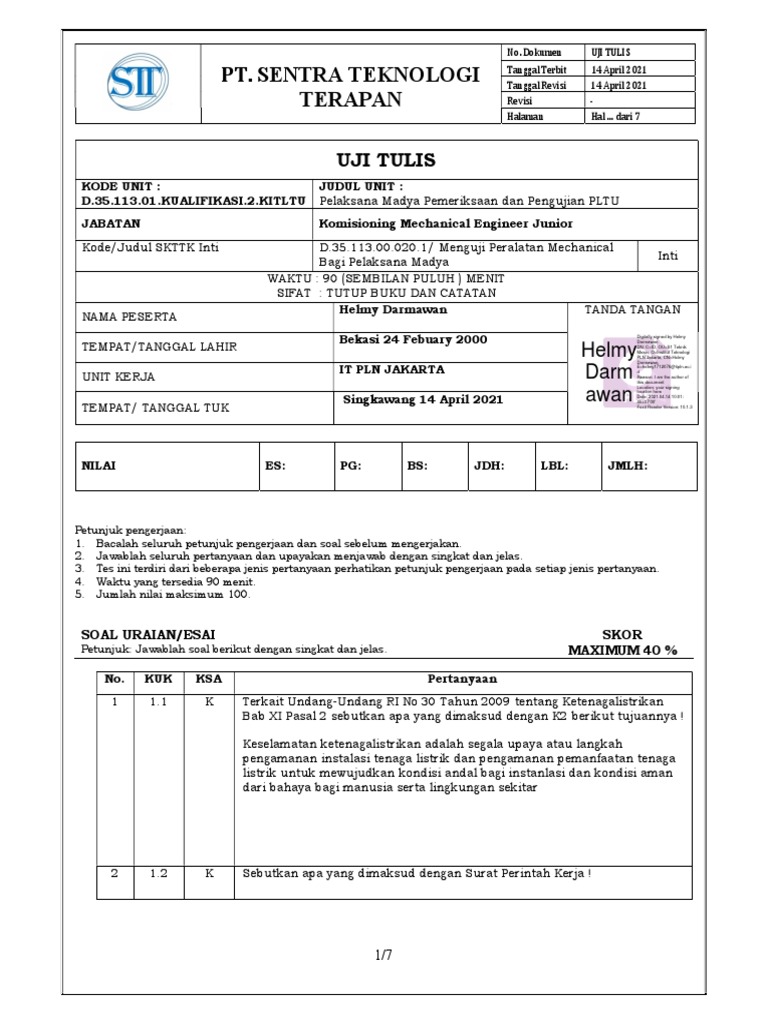 Jawaban Ujian Tulis Helmy Darmawan UJIKOM | PDF