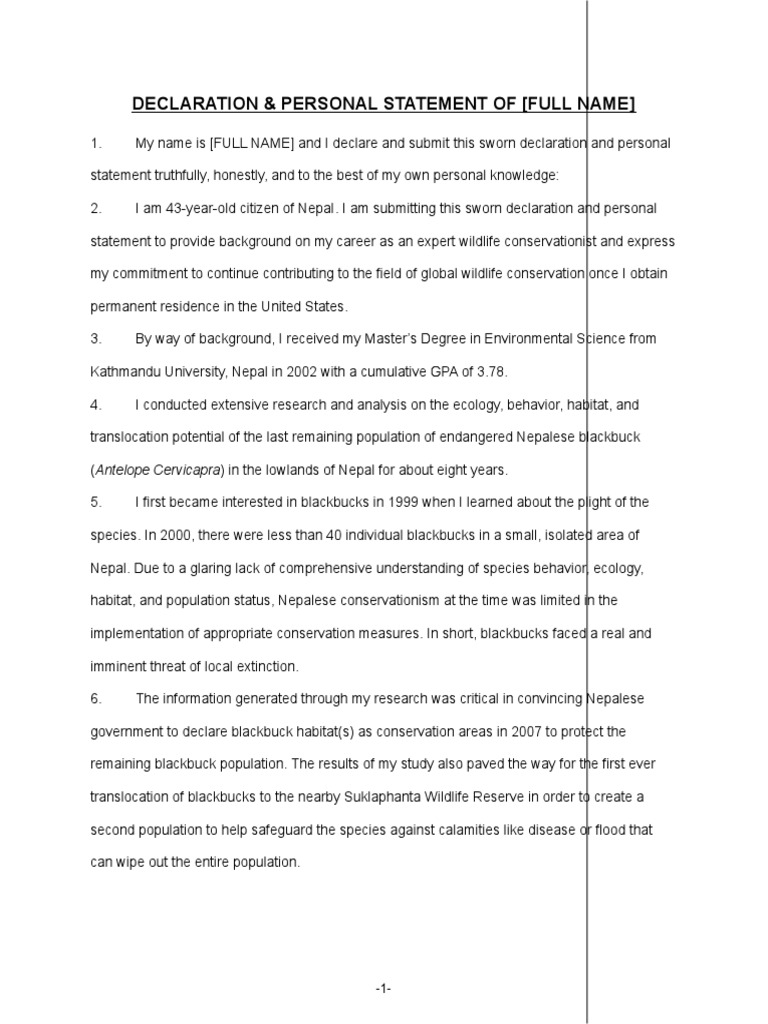 EB-1A Declaration & Personal Statement (Template) | PDF | Conservation ...