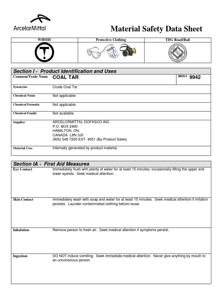 Material Safety Data Sheet: Coal Tar 9942 | PDF | Carbon Dioxide | Fires